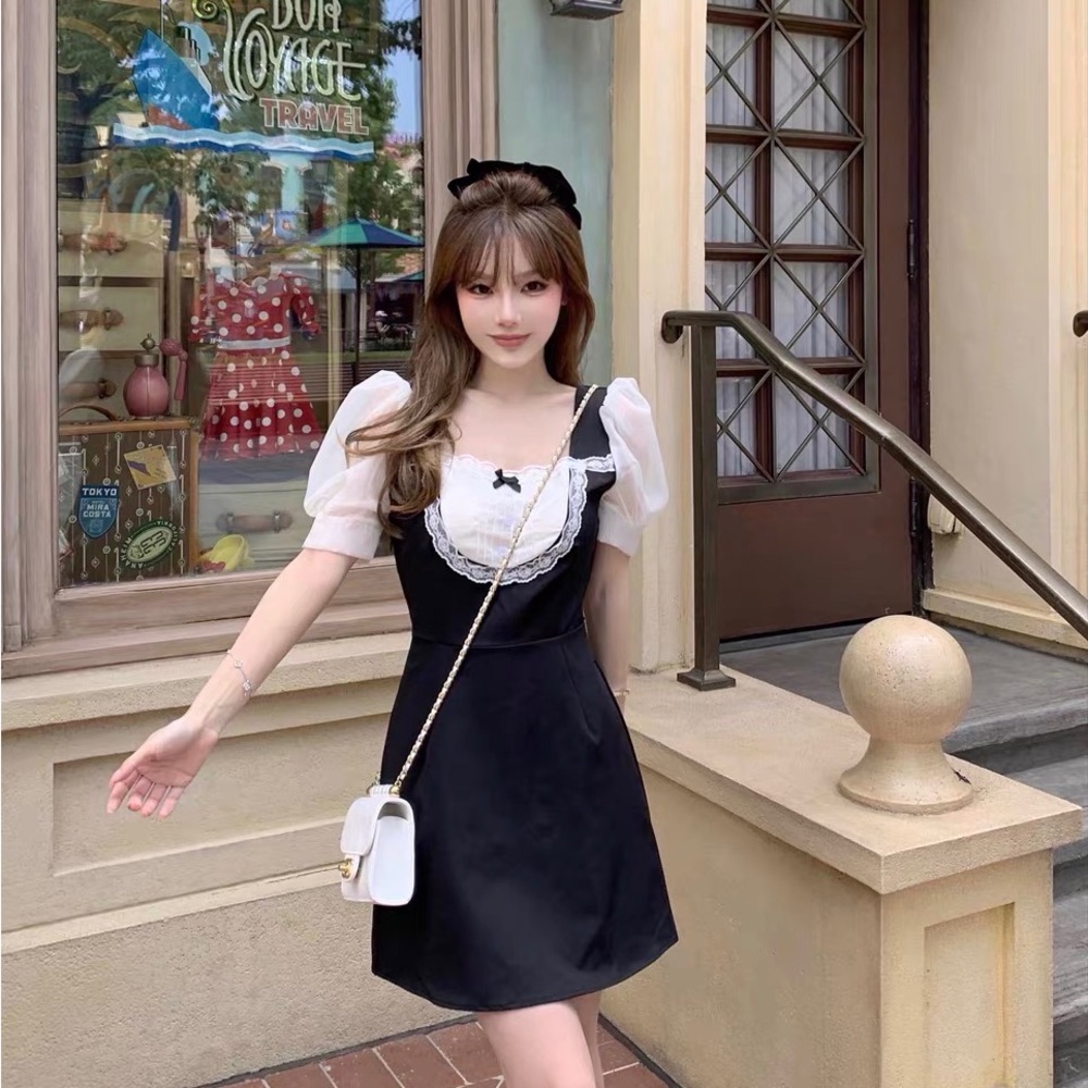 Japanese Kawaii Gyaru Black White Lace Ribbon Mini Dr… - Gem